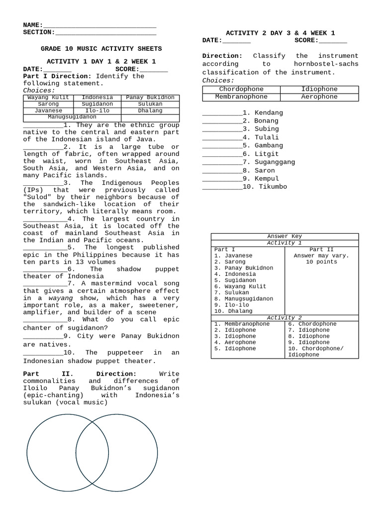 ACTIVITY SHEETS IN MUSIC and ARTS 7 Q2 | PDF | Indonesia | Performing Arts