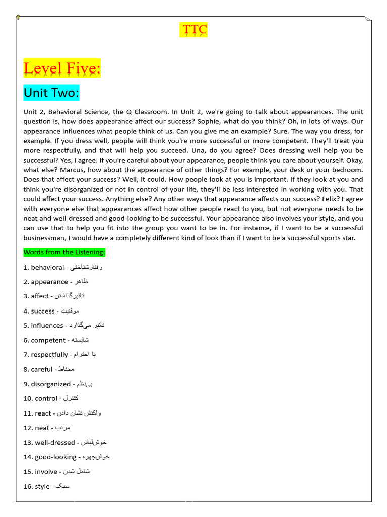 Level Five Unit Two Transcript | PDF | Dress | Employment