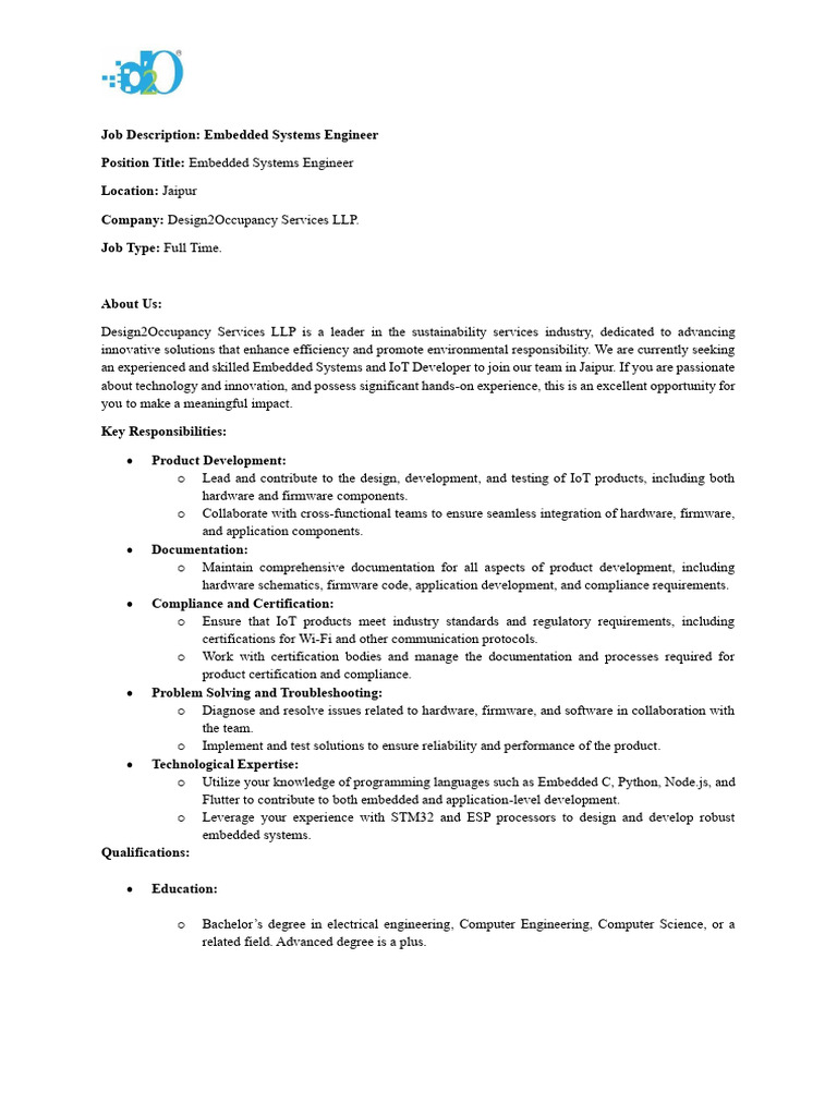 JD D2O Embedded System Engineer | PDF | Embedded System | Internet Of Things