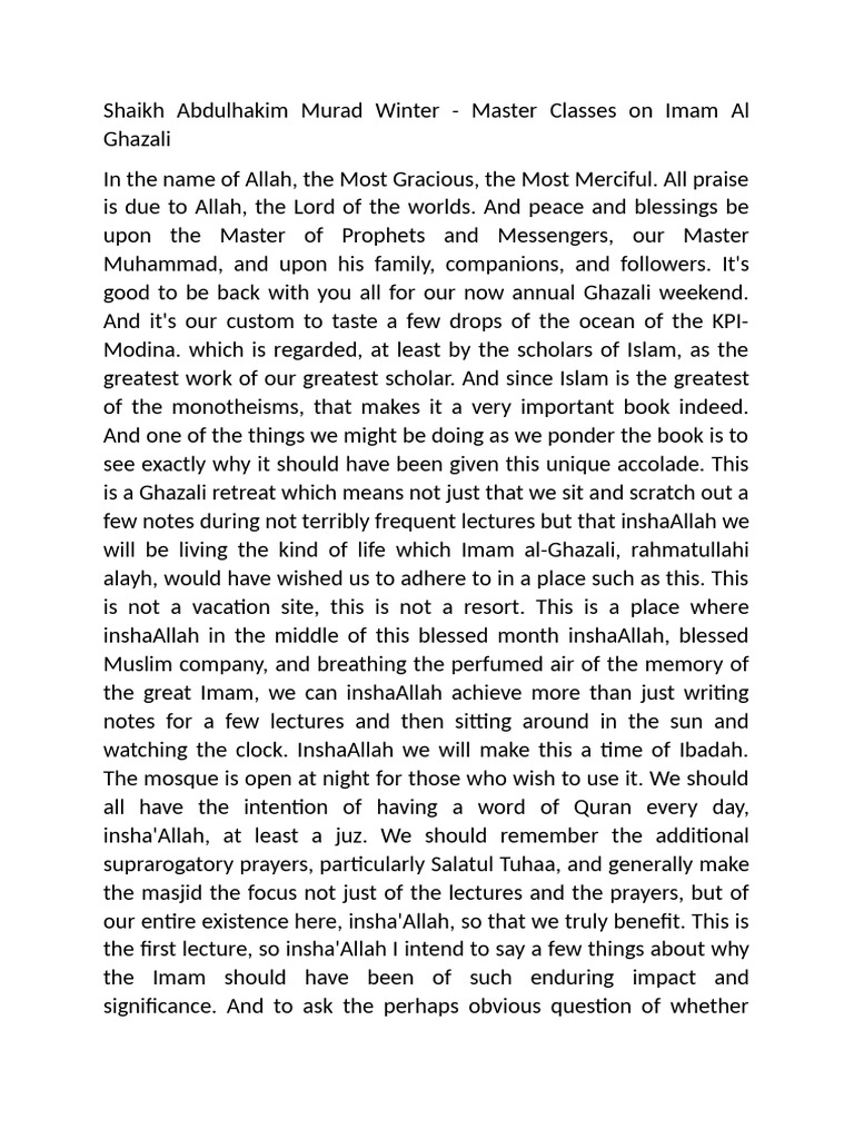 Ghazali Master Classes with Abdulhakim | PDF | God In Islam | Quran
