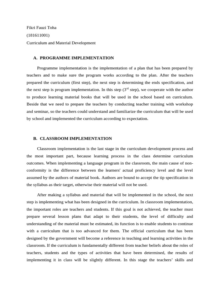Tugas Curriculum and Material Development Fikri Fauzi Toha 181611001 | PDF