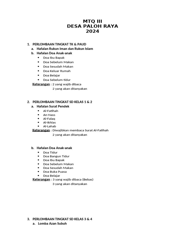 Susunan Lomba MTQ Iii 2024 Paloh Raya | PDF