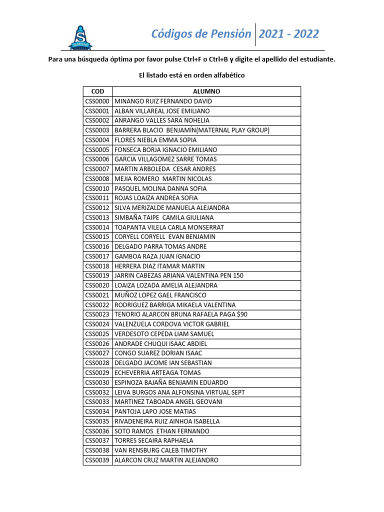 Lista de Códigos de Pensión | PDF