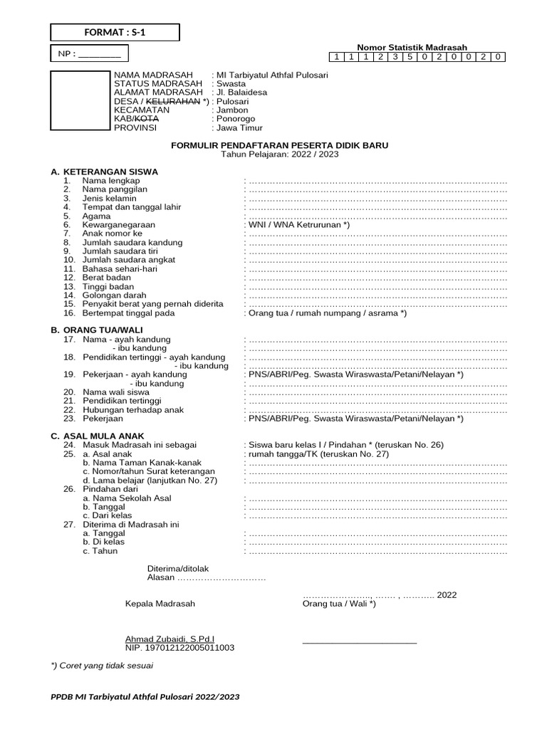 Formulir PPDB MI Tarbiyatul Athfal | PDF