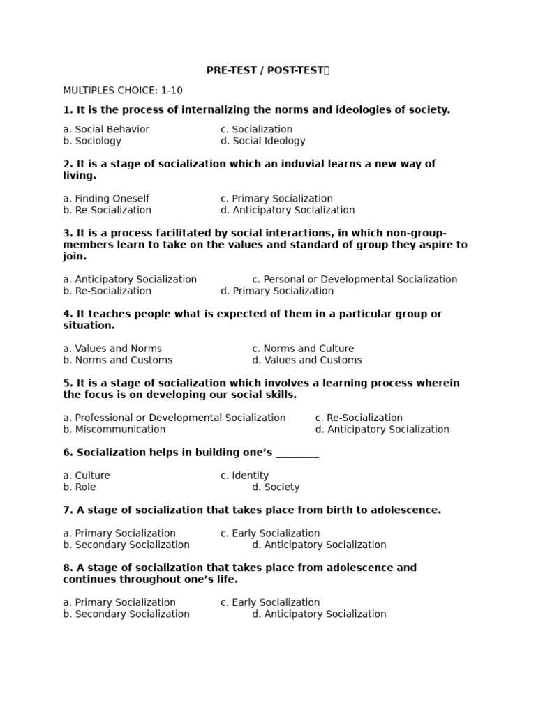 Pre-test Ucsp Module 5 | PDF | Socialization | Adolescence