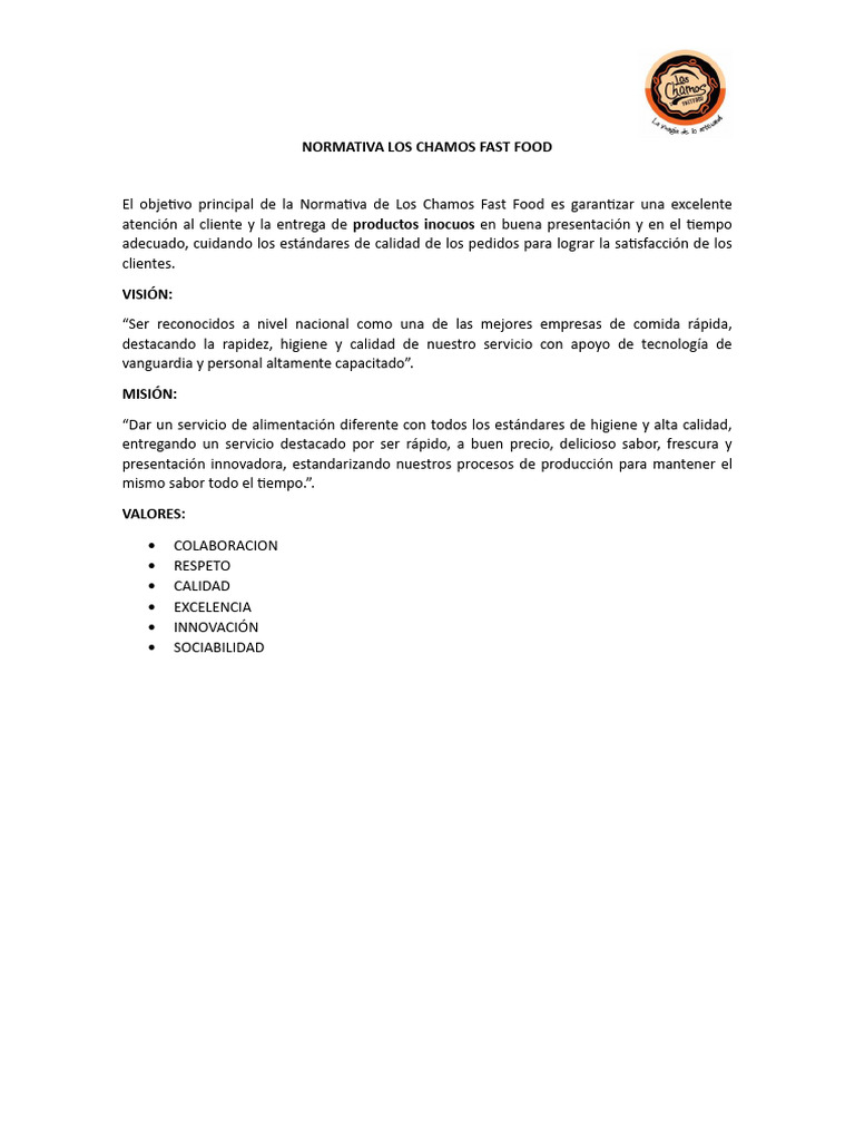 Normativa de Los Chamos Fast Food | PDF | Entrega (Comercio) | Lavado ...
