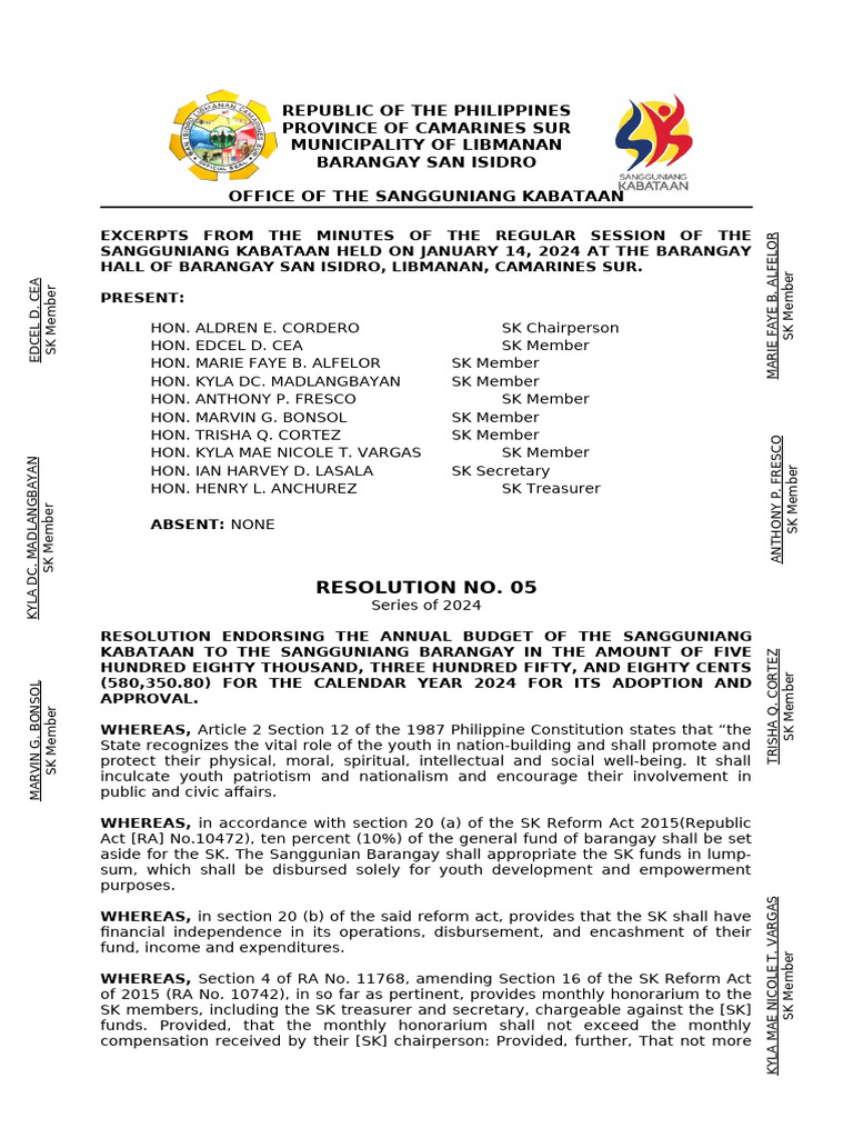 SK Resolution - 06 Endorsing The AB of SK To The SB | PDF | Government