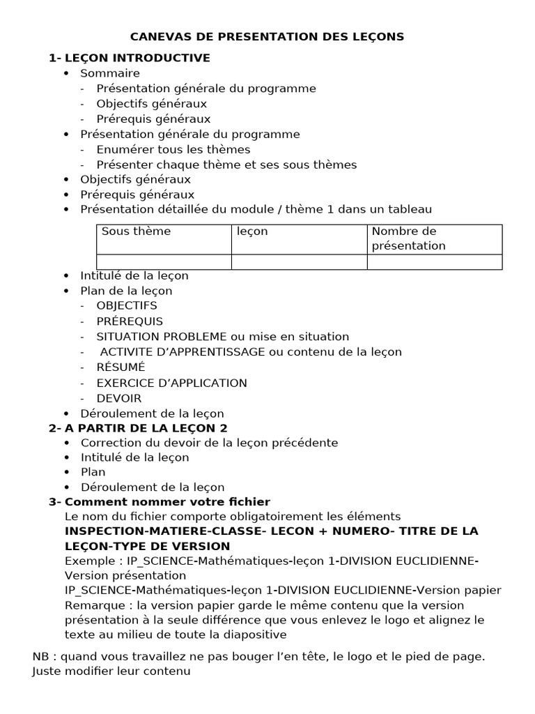 Canevas de Présentation des Leçons | PDF