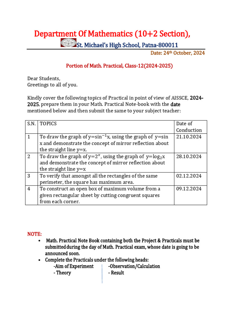 Topics of Math. Practicals Class-12 (2024-2025) | PDF