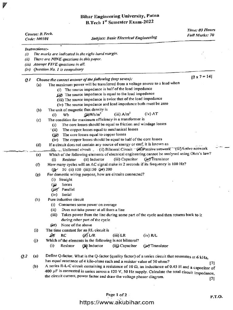 Btech 1 Sem Basic Electrical Engineering 100101 2022 | PDF