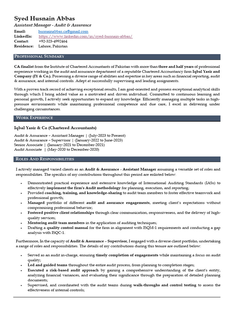 Resume - Syed Husnain Abbas | PDF | Audit | Regulatory Compliance