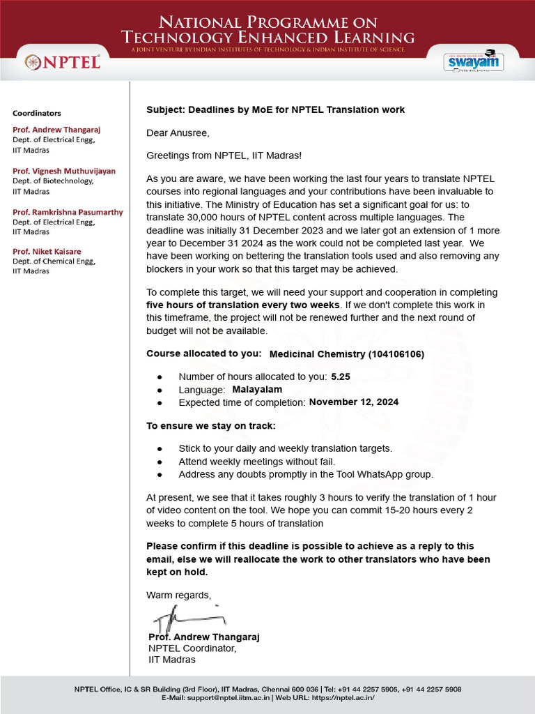 NPTEL Translation Deadline Notice | PDF | Business | Art