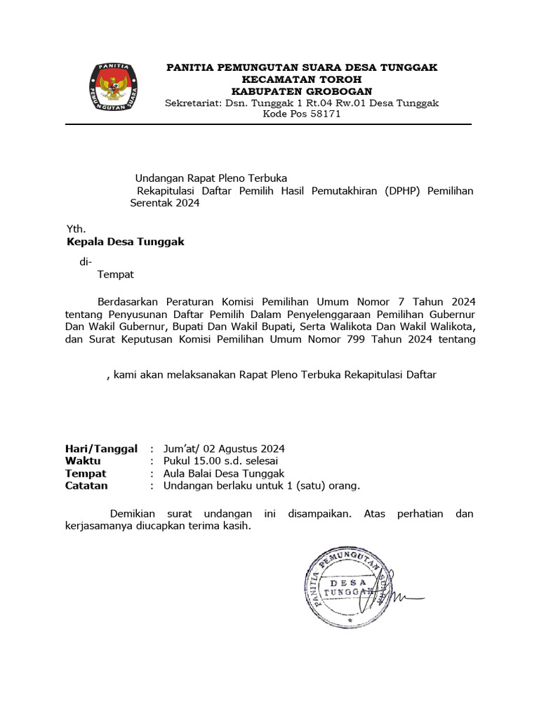 Undangan Rapat Pleno DPHP | PDF