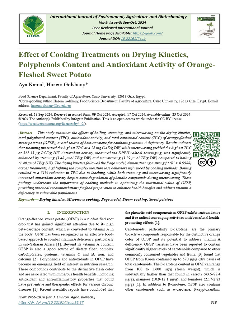 Effect of Cooking Treatments On Drying Kinetics, Polyphenols Content and Antioxidant Activity of ...
