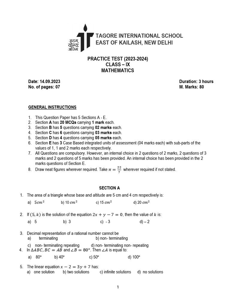 Class 9 Practice test | PDF | Triangle | Equations