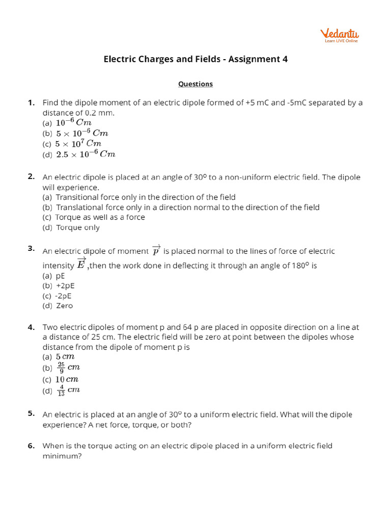Electric Charges and Fields - Assignment 4 | PDF