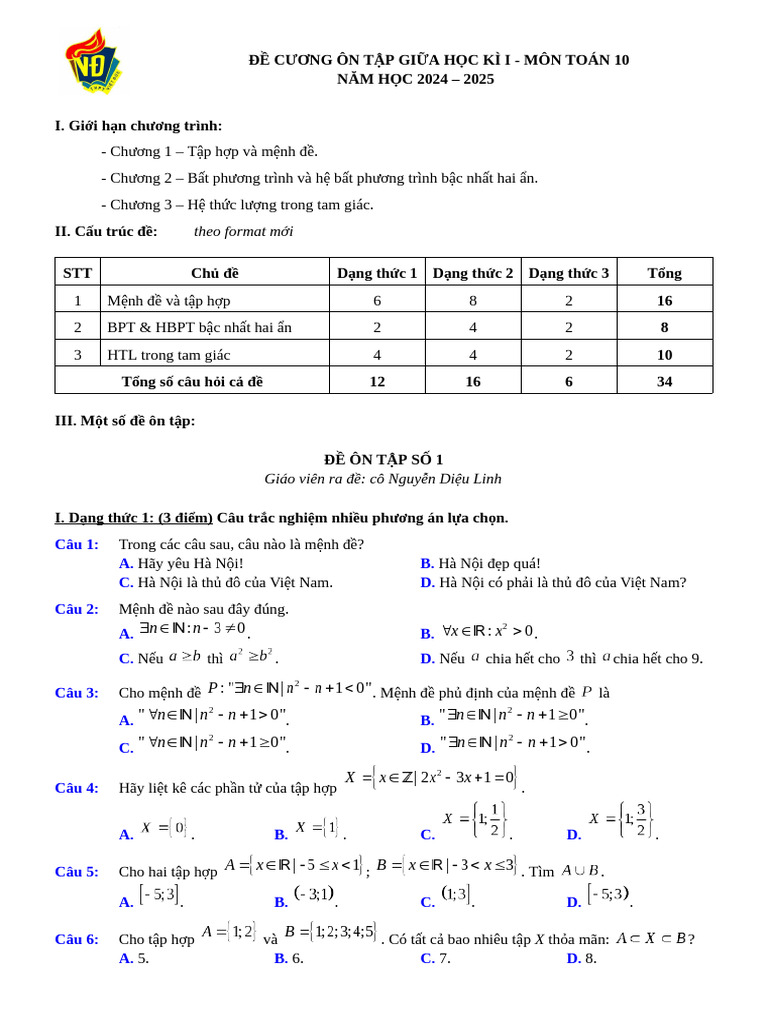 De Cuong Toan 10 GK1 2024 2025 Da | PDF