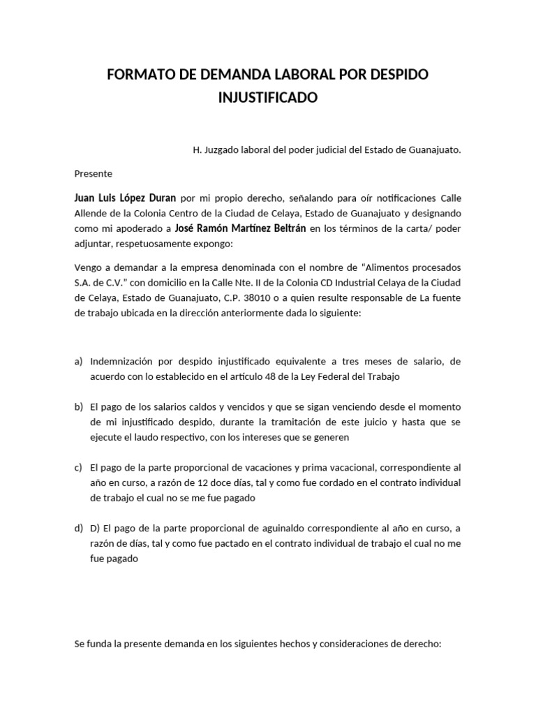 Formato de Demanda Laboral Por Despido Injustificado | PDF | Salario ...