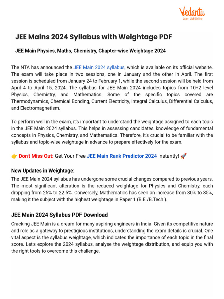 JEE Mains 2024 Syllabus With Weightage PDF | PDF