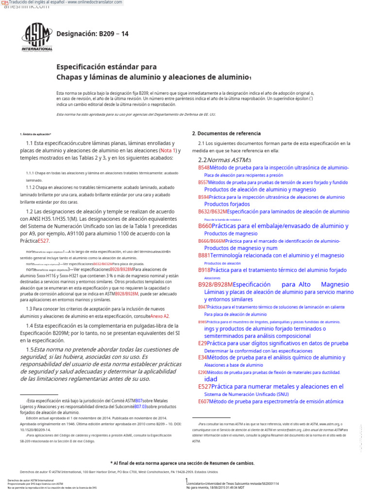 Especificación ASTM B209-14 Aluminio | PDF | Aluminio | Aleación