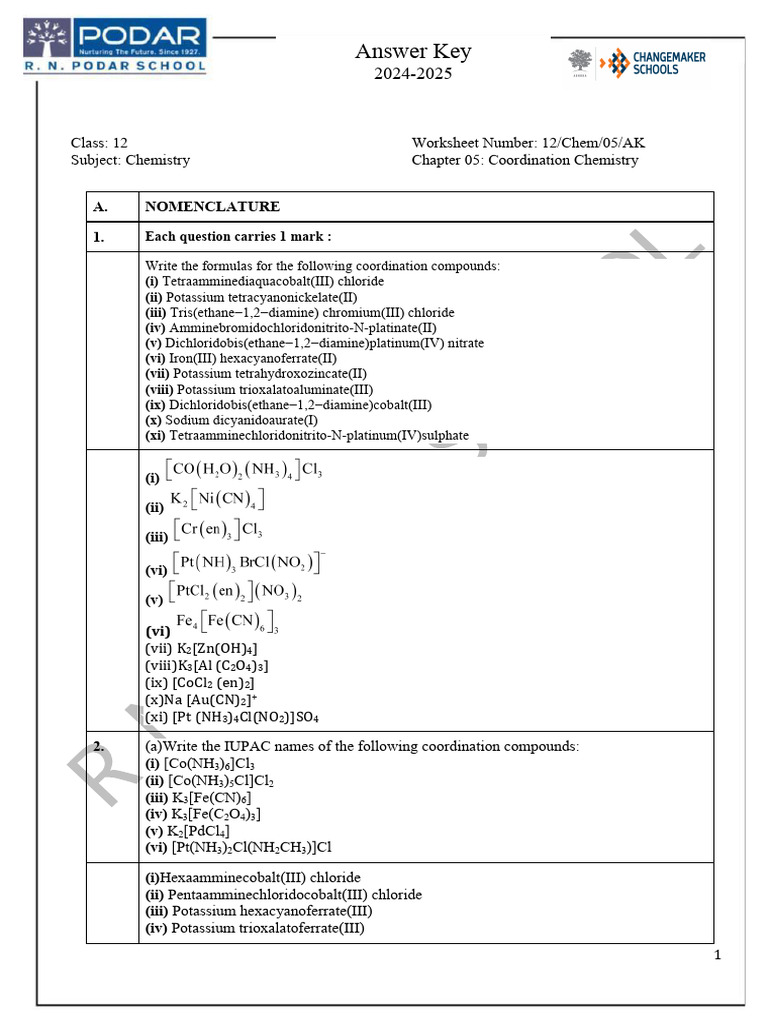 Coordination Chemistry Answer Key 2024-2025 | PDF | Coordination Complex | Chemical Substances
