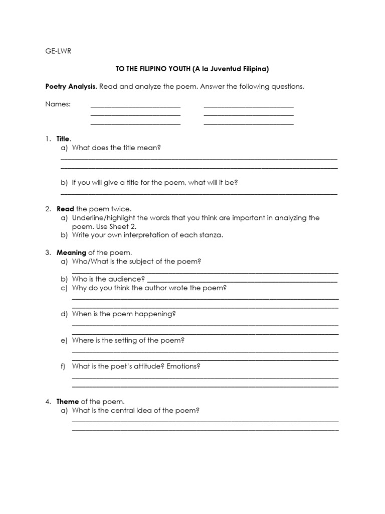 1 To The Filipino Youth Poem Analysis Worksheet | PDF | Poetry