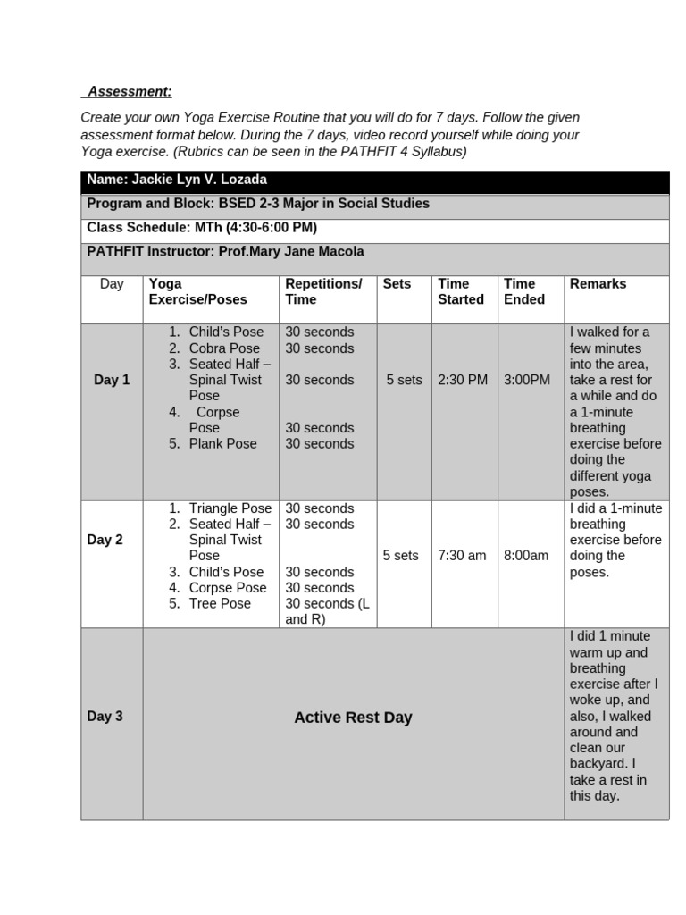 Yoga Exercise Lozada, Jackie Lyn BSED 2-3 | PDF | Hindu Prayer And Meditation | Physical Fitness