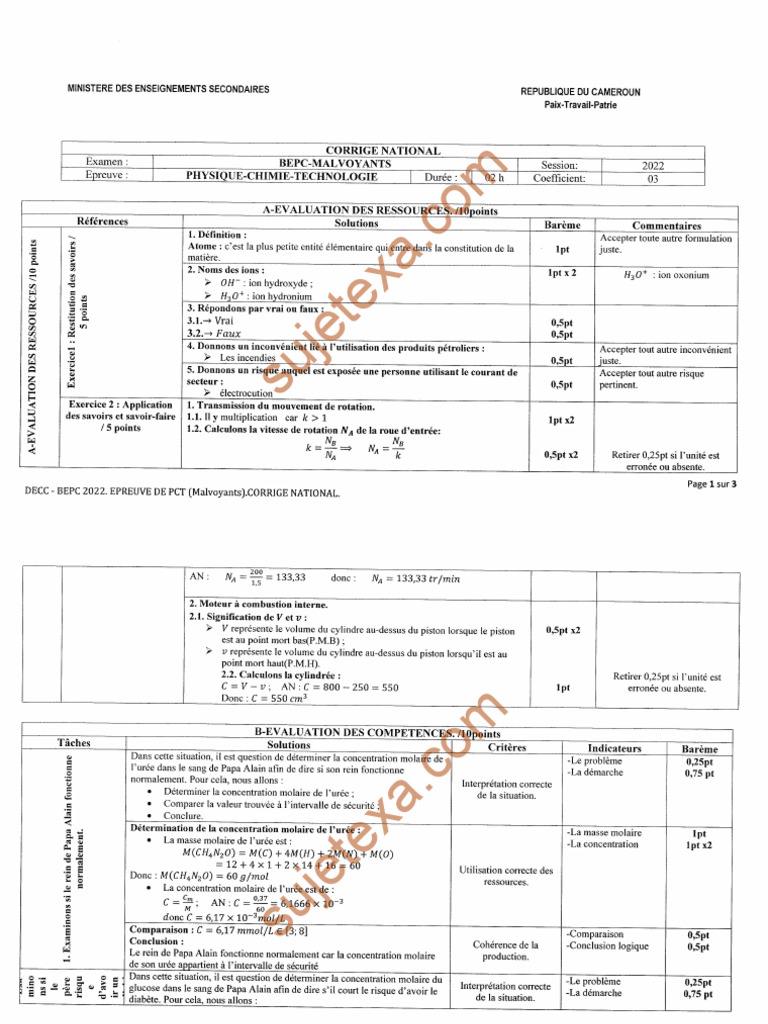 Corrig%c3%89 Harmonis%c3%89 National - Bepc Session 2022 Pct Mal Voyant ...