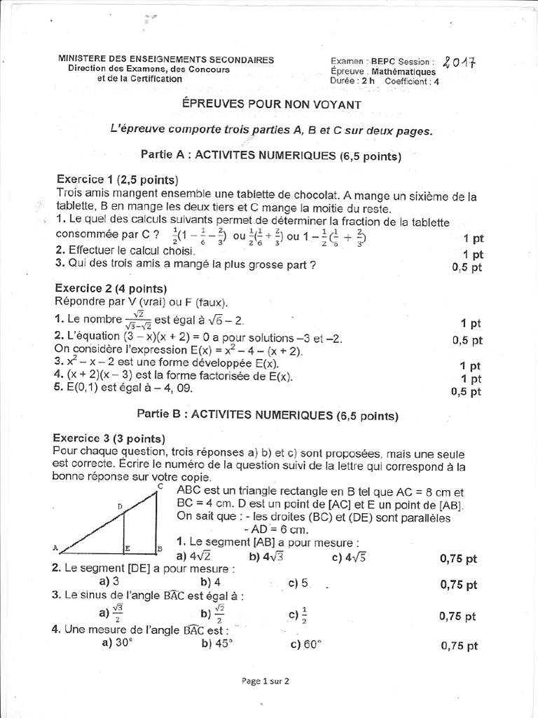 Orniformation Bepc Non Voyant 2017 Epreuve Mathematique | PDF