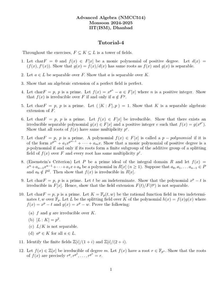Advanced Algebra: Field Theory Exercises | PDF | Field (Mathematics ...