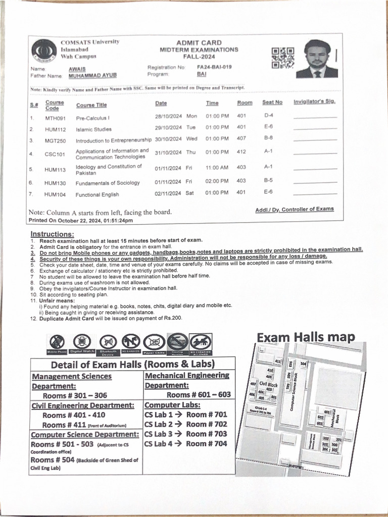 Aaawais Admit Card | PDF