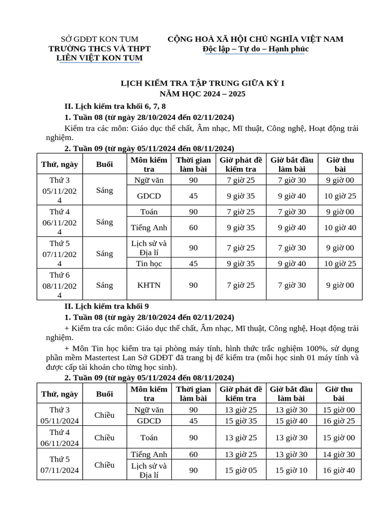 Lich Kiem Tra GK1 | PDF