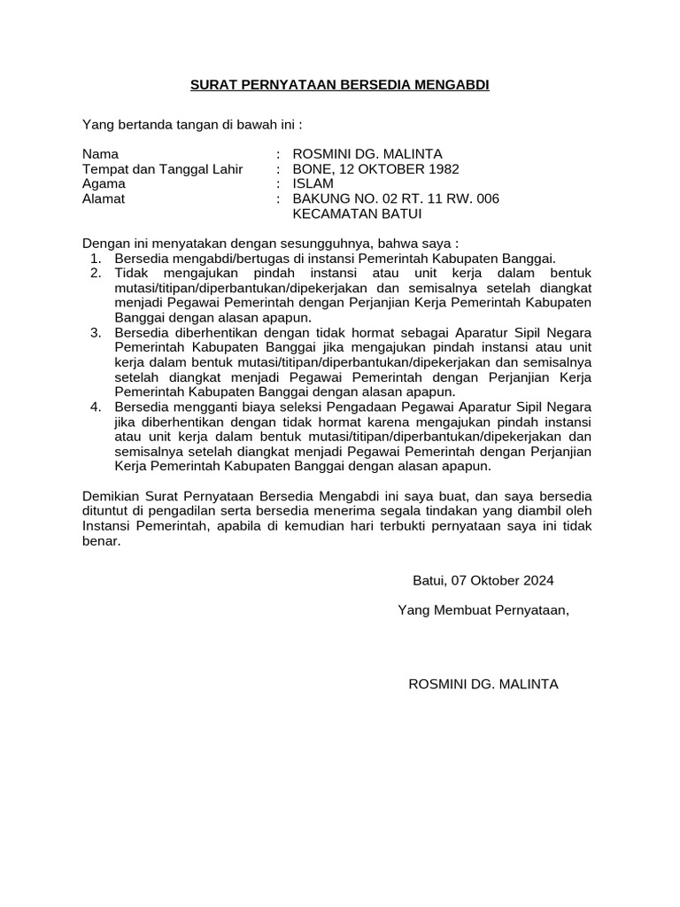 Surat Pernyataan Bersedia Mengabdi | PDF
