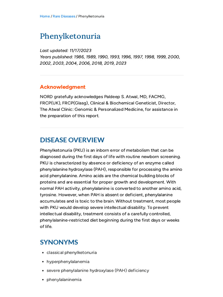 Phenylketonuria - Symptoms, Causes, Treatment - NORD | PDF | Medicine ...