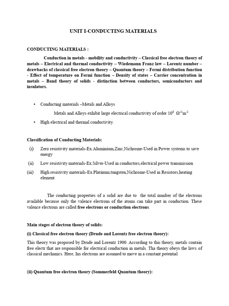 Unit I - Conducting Materials | PDF | Electrical Resistivity And ...