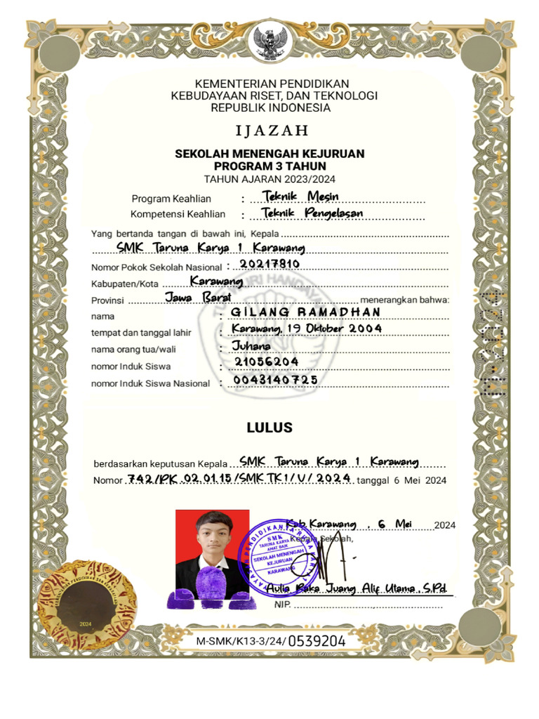 File Ijazah SMKN Gilang | PDF