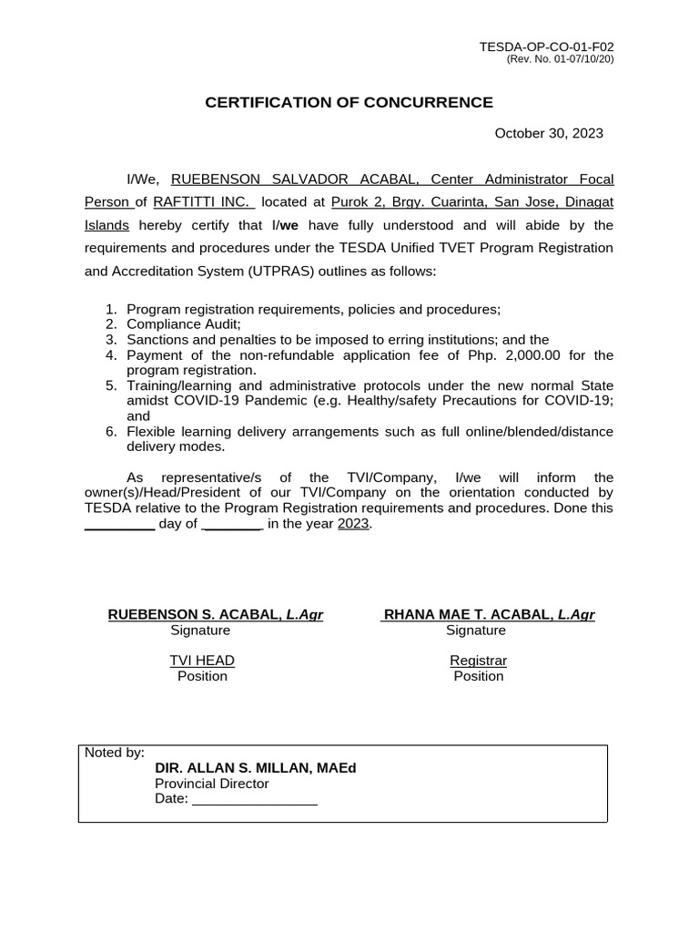 2 TESDA OP CO 01 F02 Certificate of Concurrence | PDF