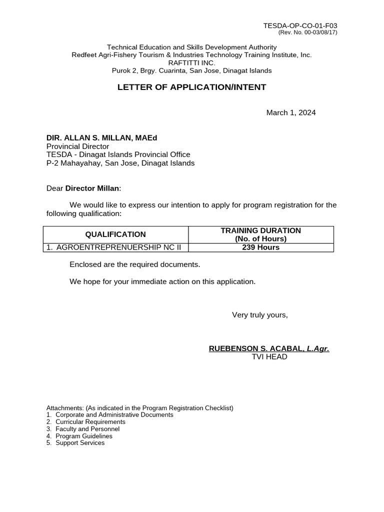 3 TESDA OP CO 01 F03 Letter of Application | PDF | Technology & Engineering