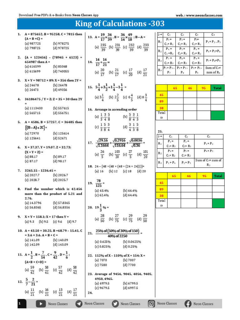 King of Calculations Sheet - 303 | PDF