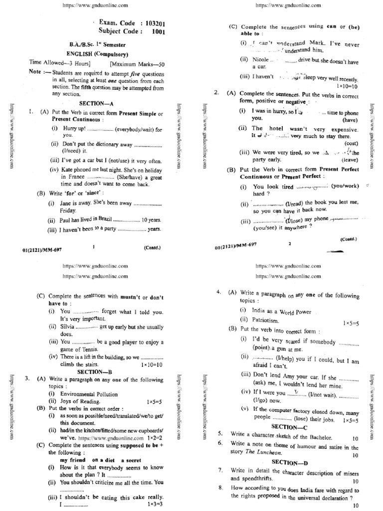 Ba Bsc 1 Sem English Compulsory 1001 2021 | PDF