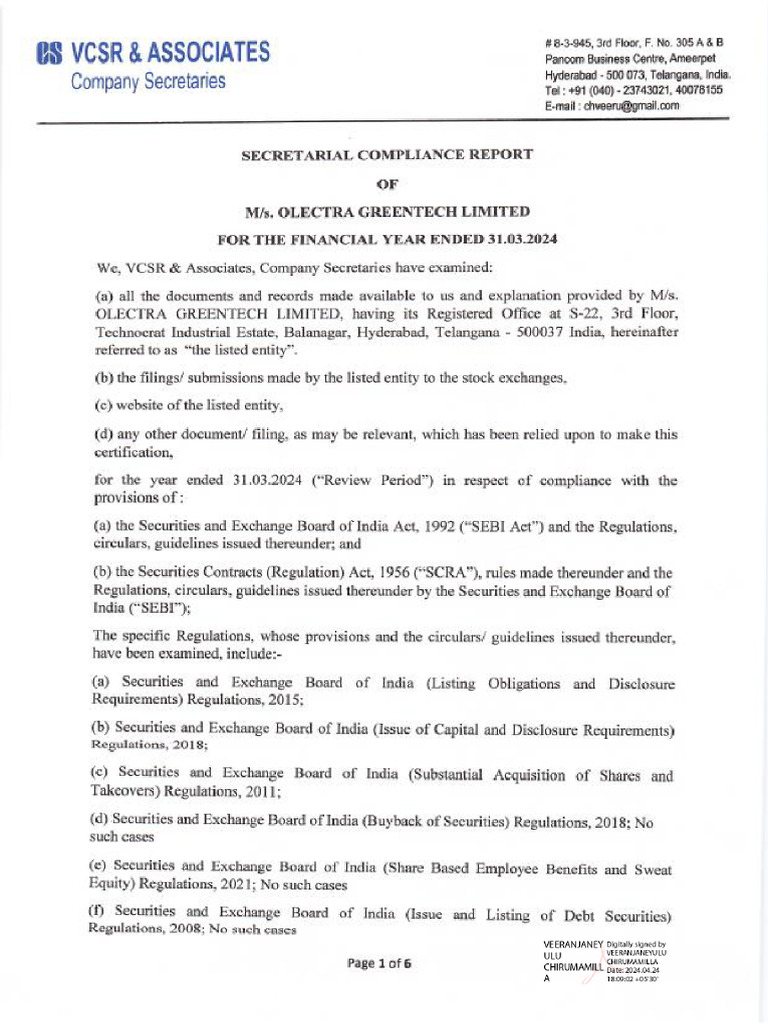 Annual Secretarial Compliance Report | PDF | Auditor's Report ...