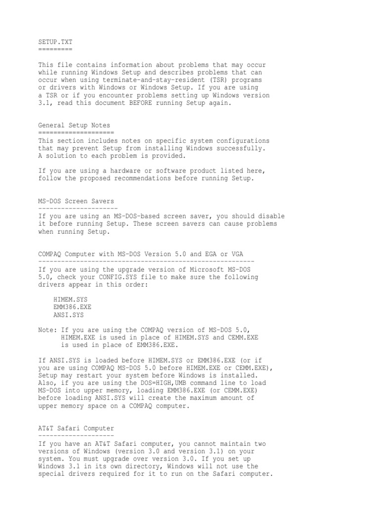 Windows 3.1 SETUP README | PDF | Command Line Interface | Dos