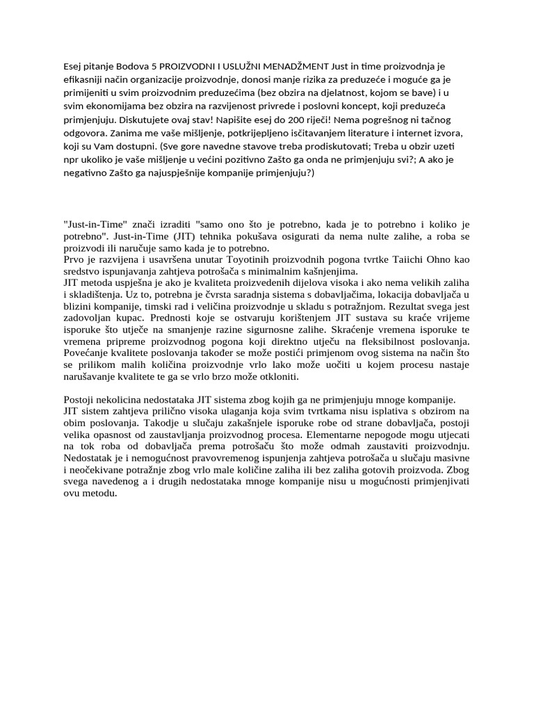 Esej Pitanje Bodova 5 PROIZVODNI I USLU - NI MENAD - MENT Just in Time Proizvodnja Je Efikasniji ...