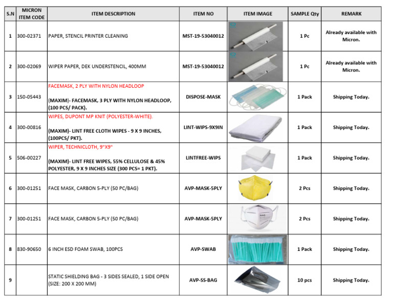 MICRON SAMPLE SHIPMENT | PDF