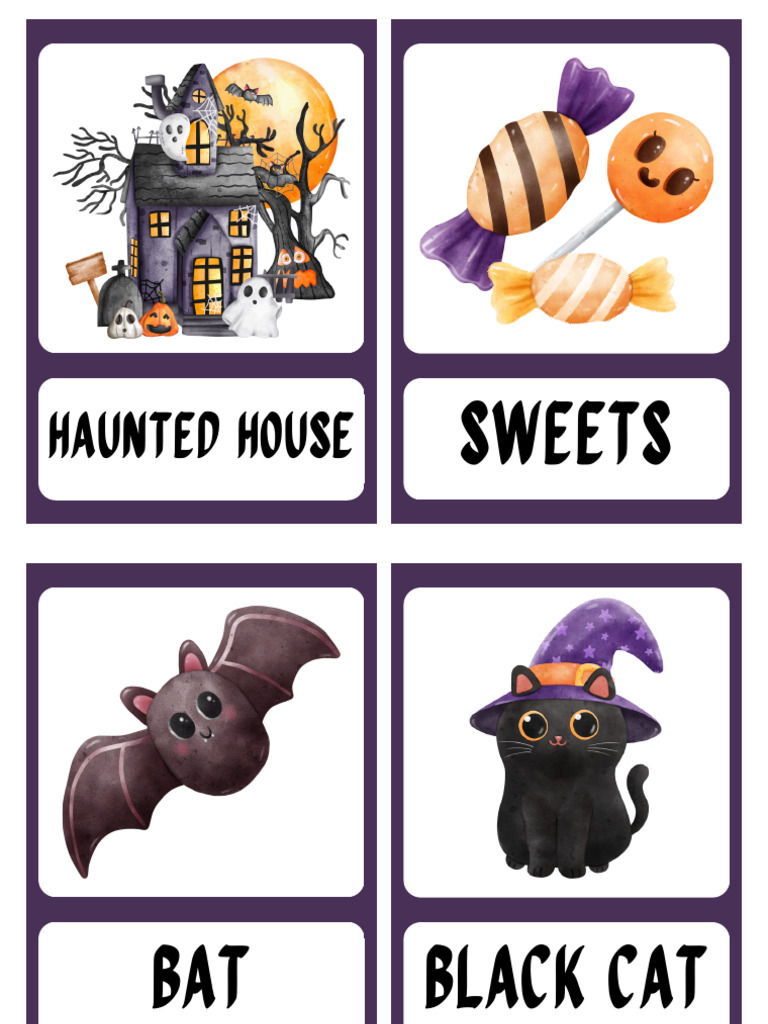 Halloween vocabulary flashcards in purple and orange cute style | PDF