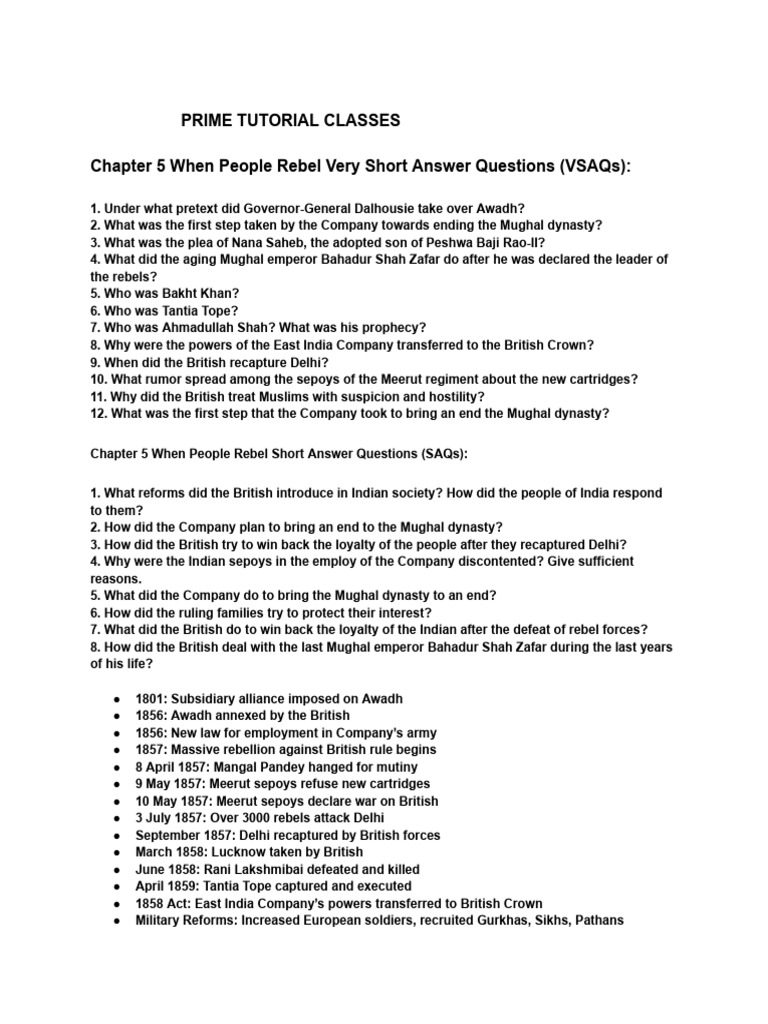 Class 8 History 1857 MCQ | PDF | Indian Rebellion Of 1857 | British India