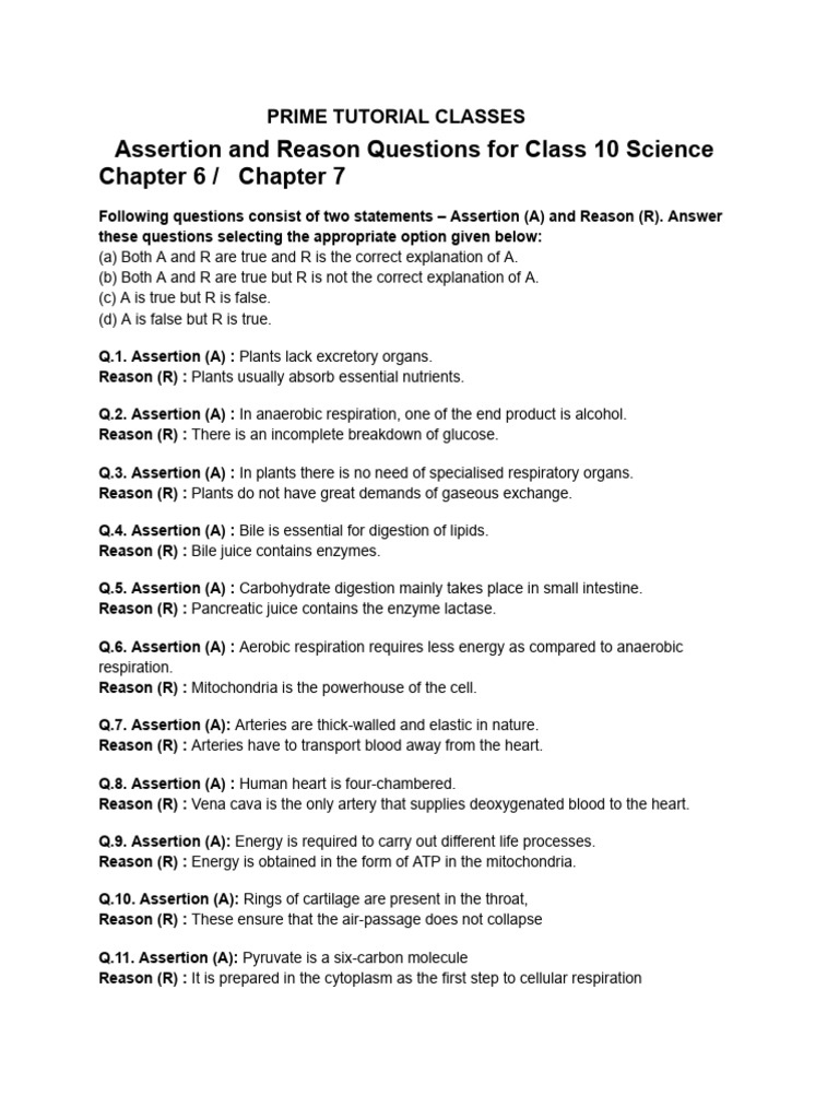 Assertion and Reason Q&A for Class 10 Science | PDF | Nerve | Nervous ...