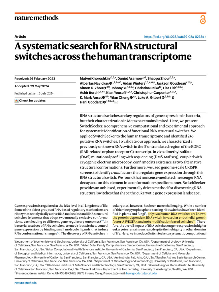 A Systematic Search For RNA Structural Switches Across The Human ...