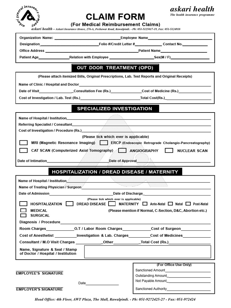 Askari Health Insurance Claim Form | PDF | Hospital | Medicine