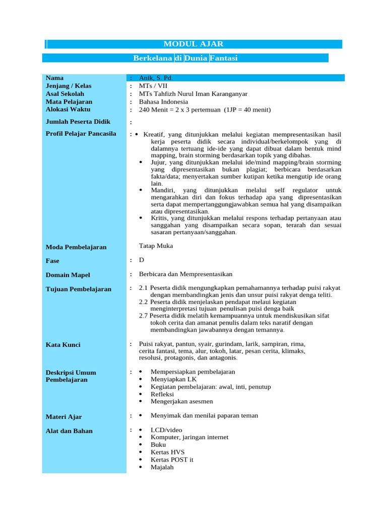 Modul Ajar Bindo Kelas 7 Bab 2 | PDF